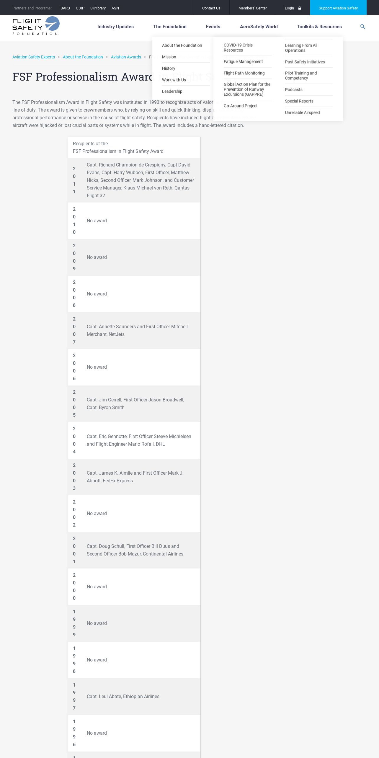 【魚拓】FSF Professionalism Award in Flight Safety - Flight Safety Foundation
